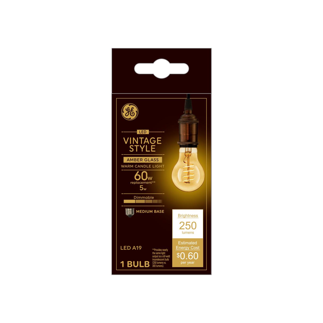GE Vintage Style A19 LED Light Bulb, Amber Glass, 60 Watt Replacement