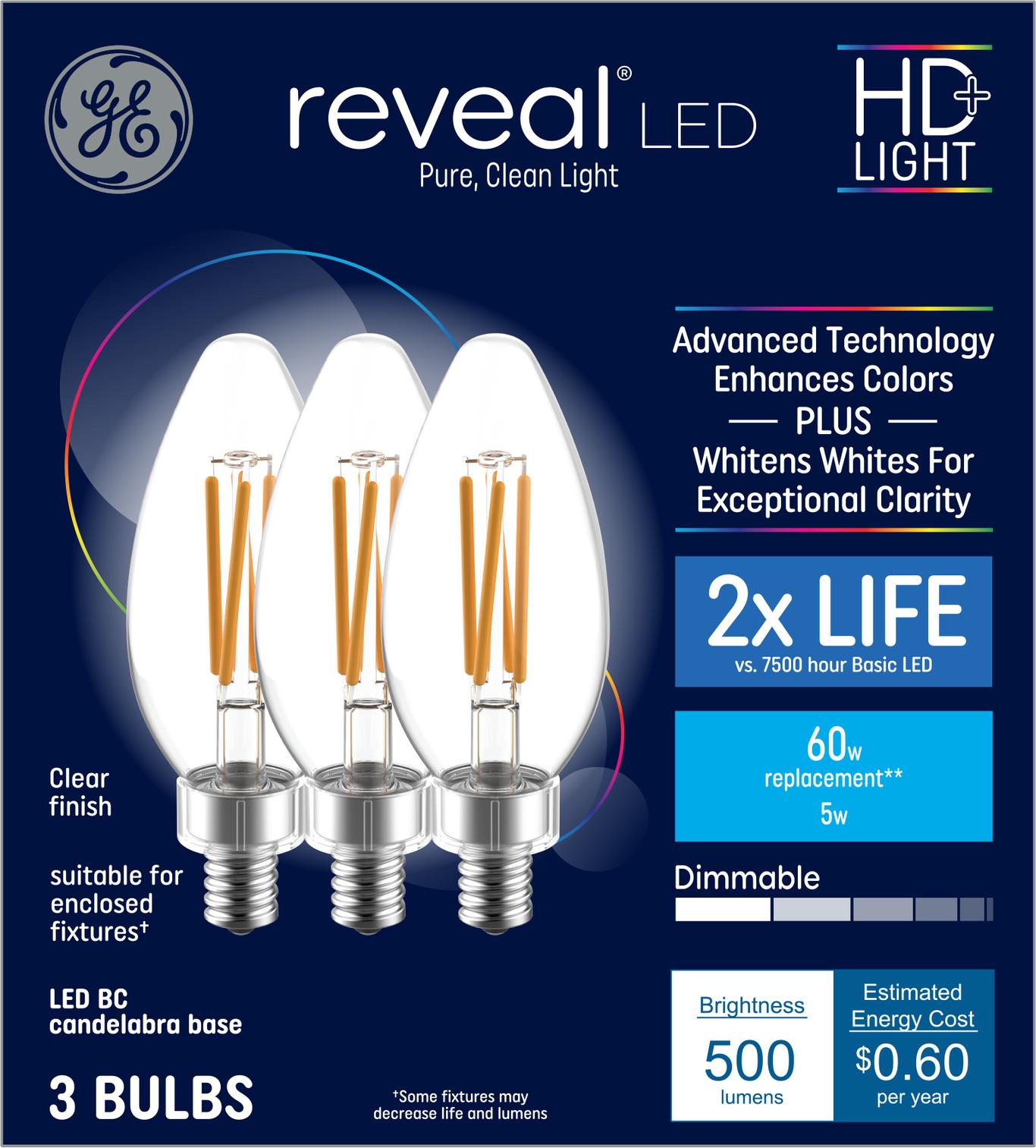 GE Reveal HD+ LED 60 Watt Replacement, Reveal, B11 Deco - Candle Bulbs ...