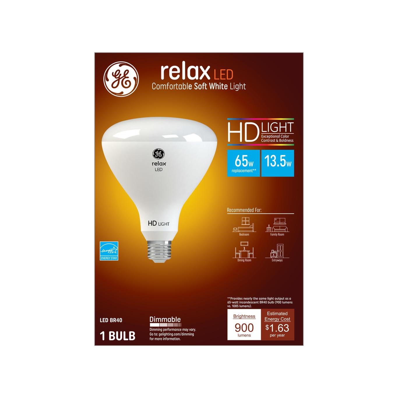 GE Relax HD BR40 LED Light Bulb, Indoor Floodlight Bulb, 65 Watt ...