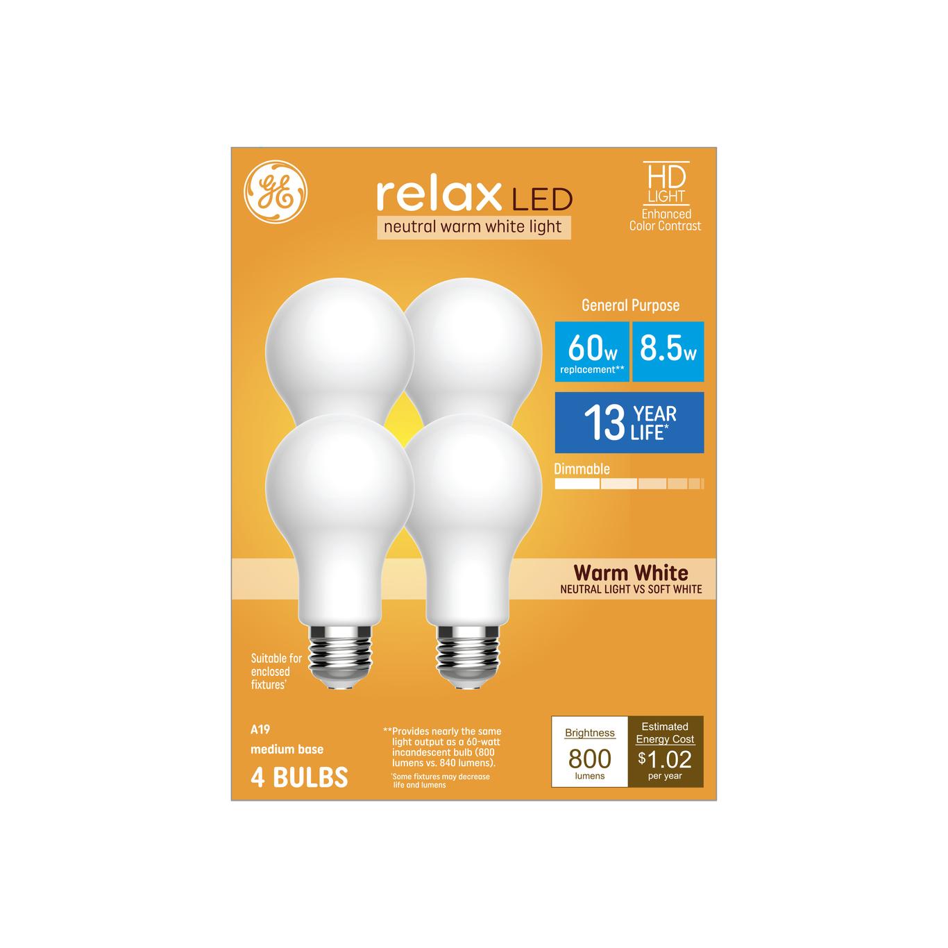 GE Relax HD A19 LED Light Bulbs, General Purpose Bulbs, 60 Watt ...