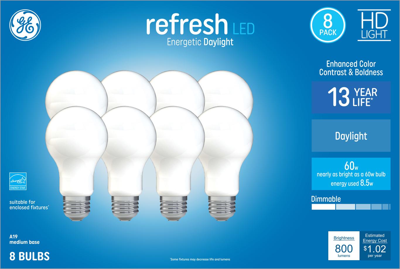 GE Refresh HD LED 60 Watt Replacement, Daylight, A19 General Purpose ...
