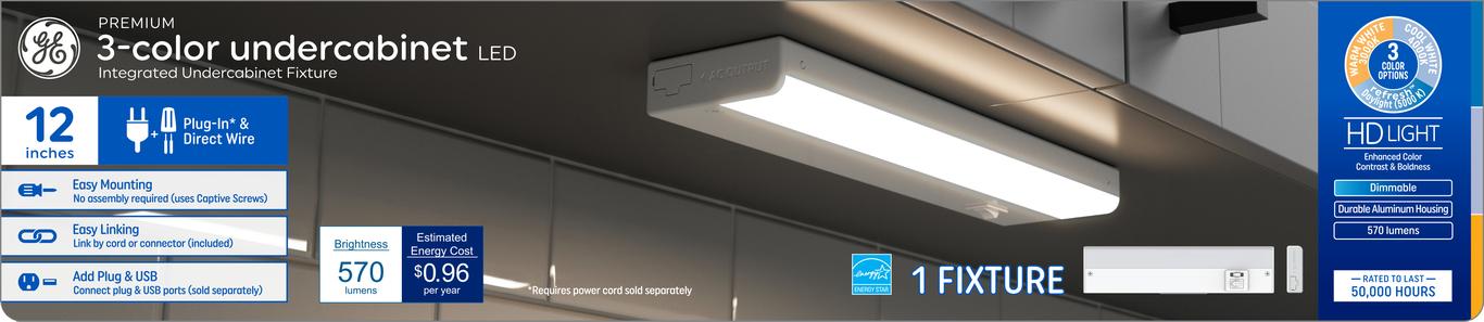 GE Premium 3-Color HD Undercabinet LED 8W Direct Wire & Plug-In 12in ...