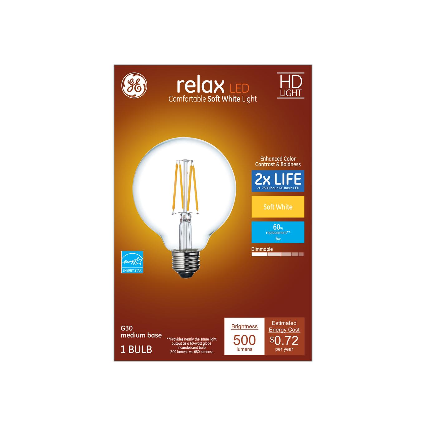 GE Relax HD G30 LED Light Bulb, Vanity Globe Light, 60 Watt Replacement ...