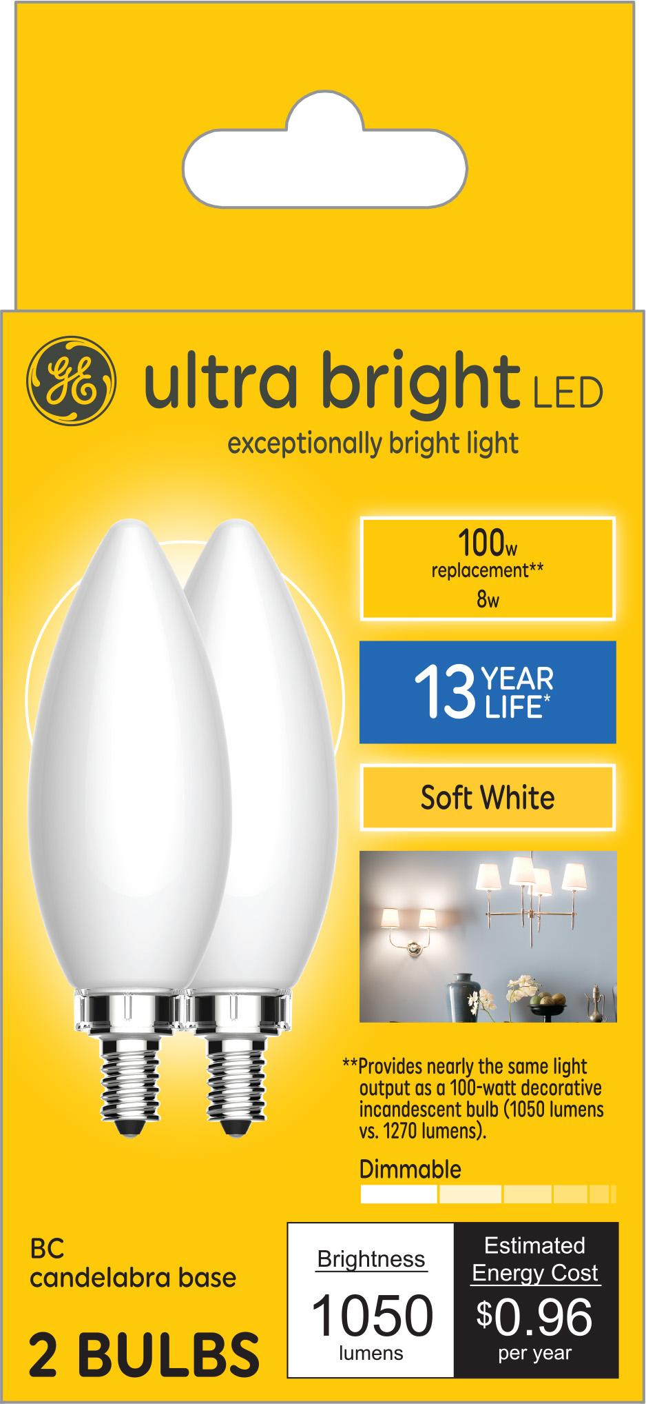 GE Ultra Bright LED 100 Watt Replacement, Soft White, B12 Deco - Candle Bulbs (2 Pack)