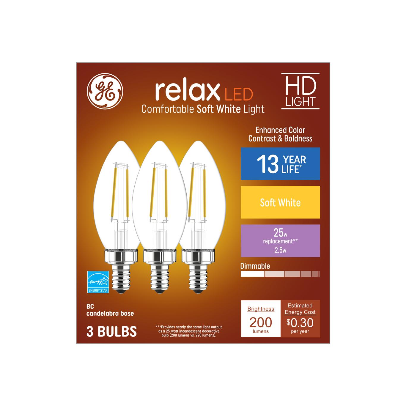 GE Relax HD B11 LED Light Bulbs, Decorative Candle Bulbs, 25 Watt ...