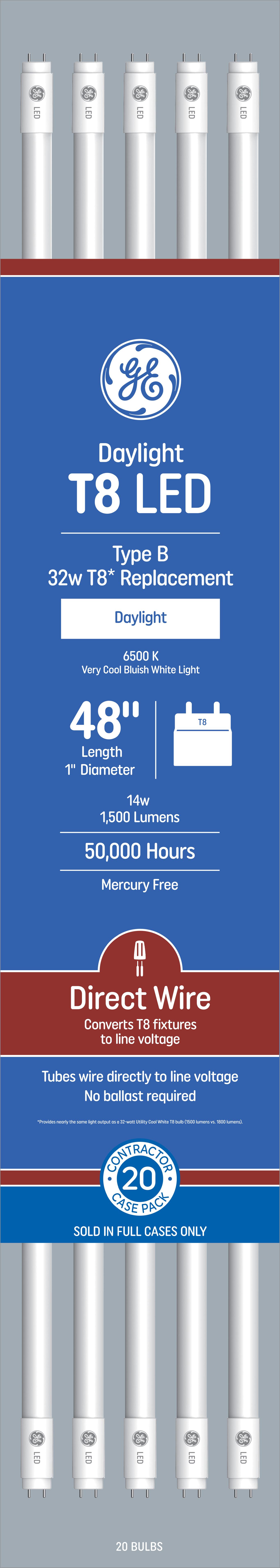 GE LED Direct Wire Daylight 14 Watt 47.78 Inches T8 G13 Base LED Tube ...