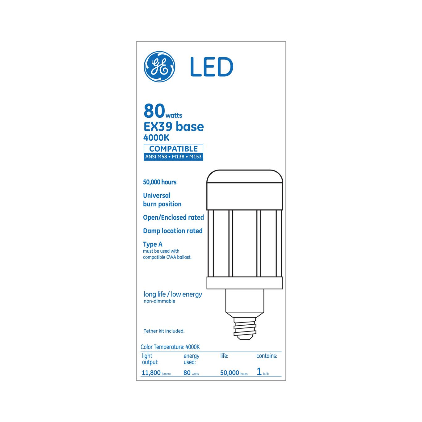GE LED Light Bulb, ED30 HID EX39 Base, 80 Watts, Compatible ANSI M58 ...