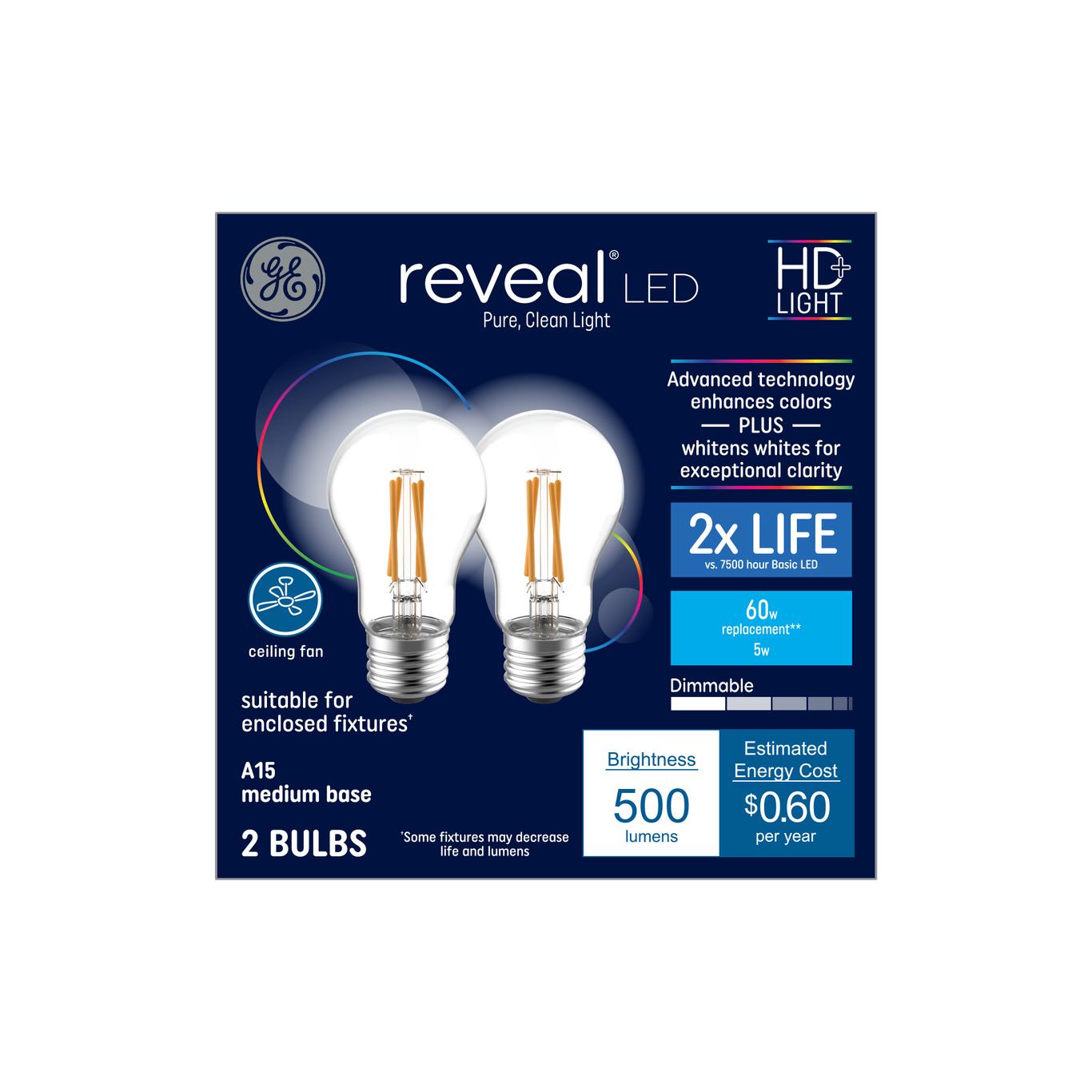 GE Reveal HD+ LED 60 Watt Replacement, Reveal, A15 Ceiling Fan Bulbs (2 ...