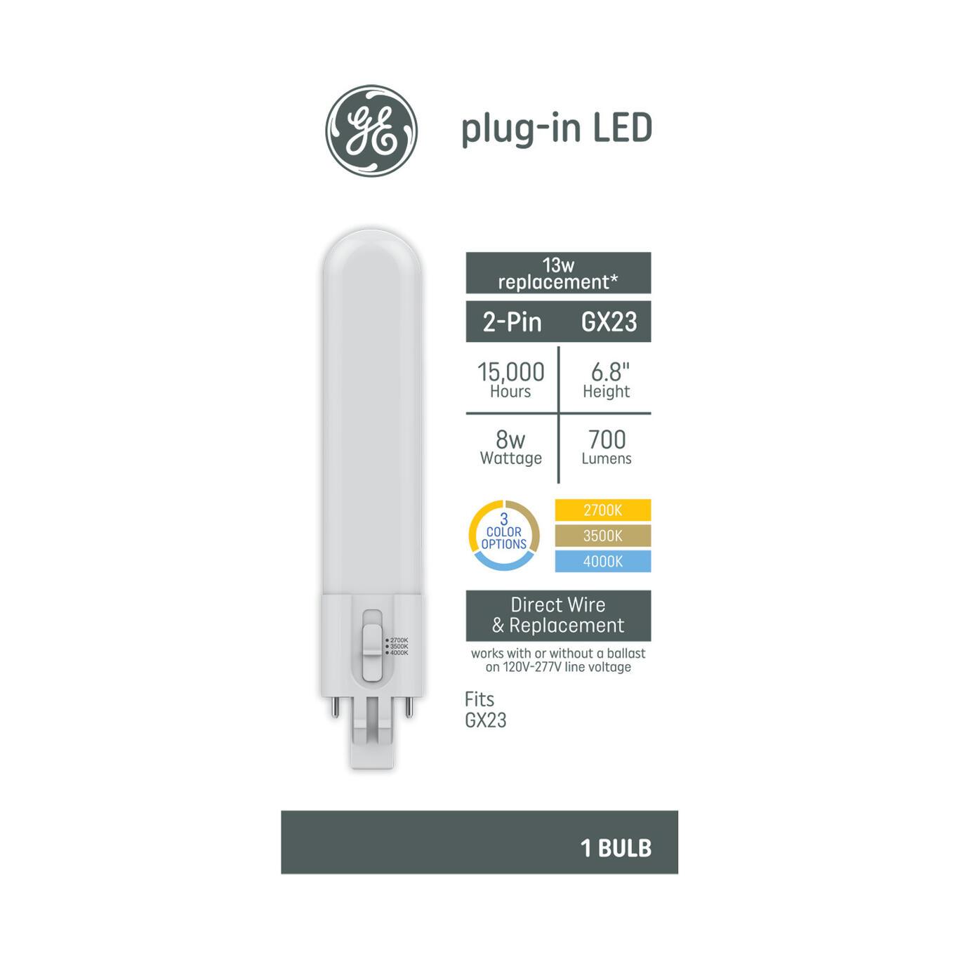 GE Plug-in LED T10 Light Bulb, 13 Watt Replacement, 2-Pin GX23 Base ...