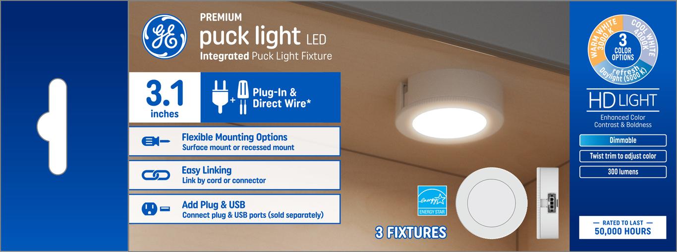 GE Puck Light, 3-Color White, Direct Wire & Plug-In, 3.1in Linkable ...