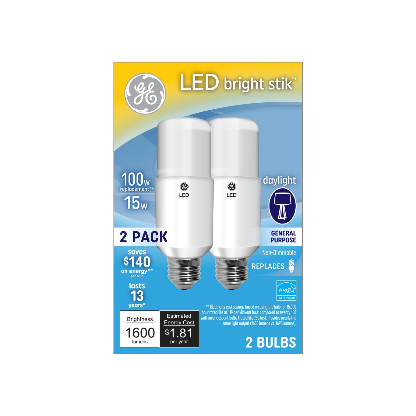 GE Bright Stik LED Light Bulb, A14 General Purpose Bulbs, 100 Watt Replacement, Daylight (2 Pack)