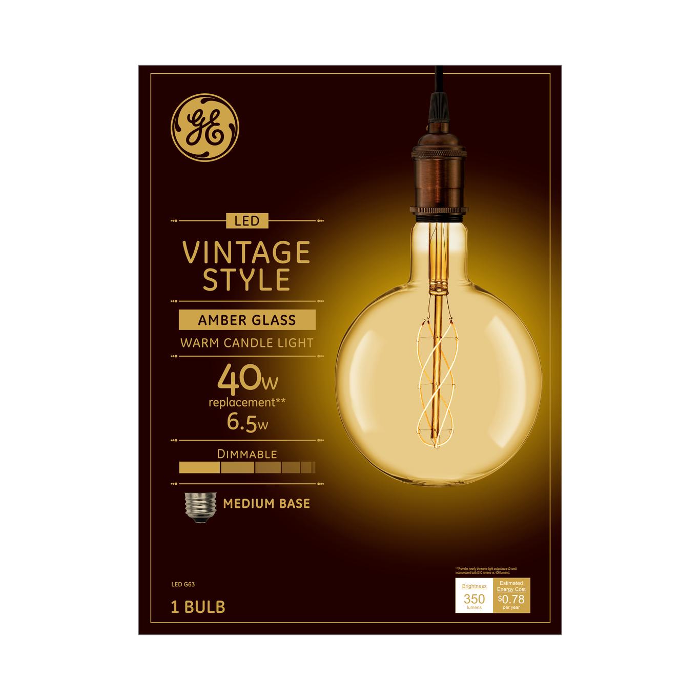 GE Vintage G63 LED Light Bulb, Large Globe Light Bulb, Amber Glass, 40 ...