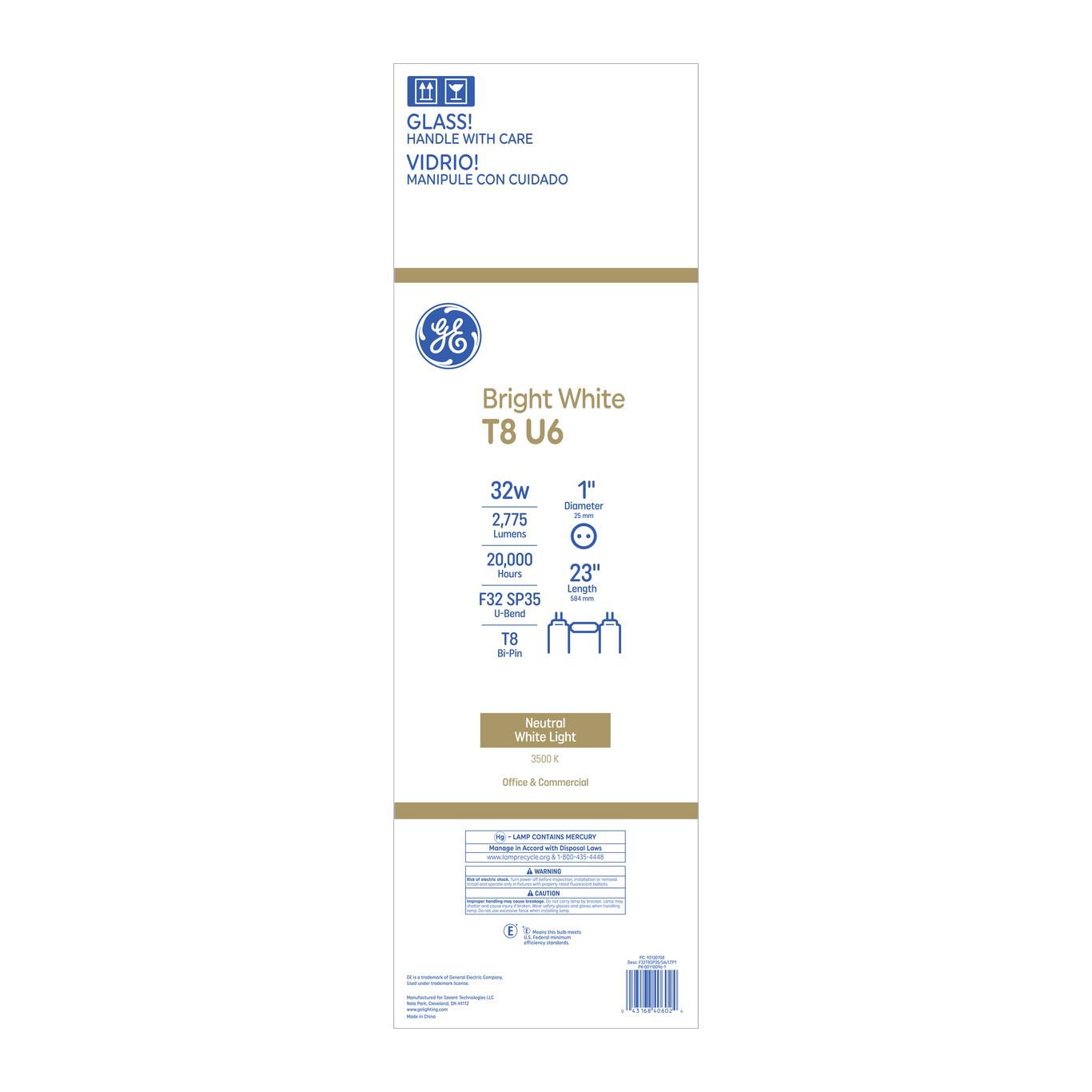 GE Bright White 32 Watt 6 Inch T8 2G13 Base Fluorescent Tube 1 Pack