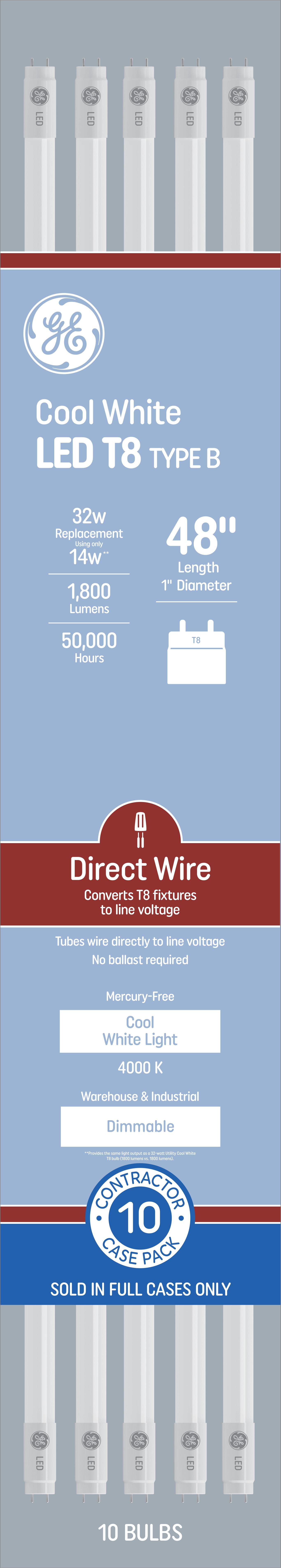 GE LED Direct Wire Cool White 14 Watt 47.78 Inches T8 G13 Base LED Tube ...