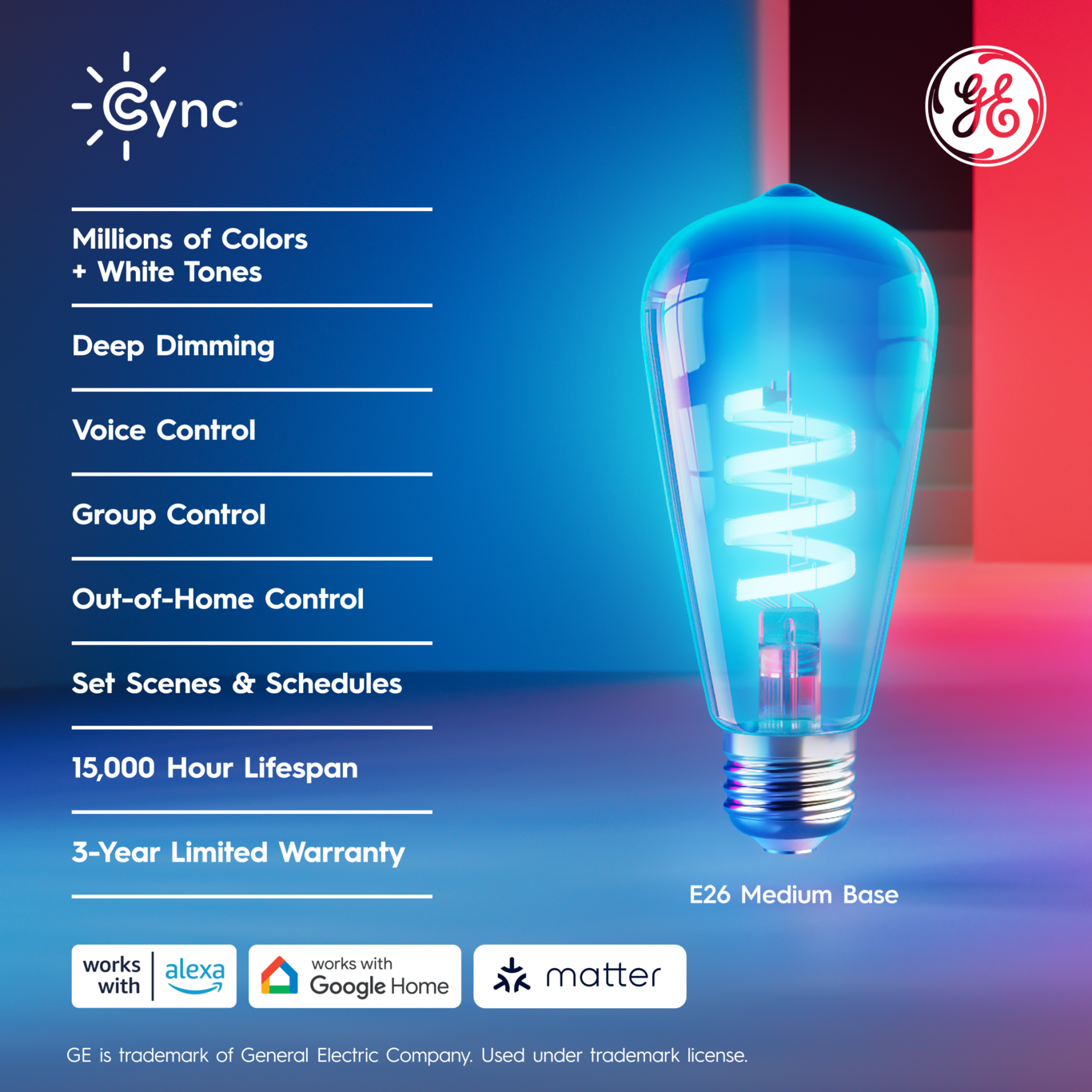 GE Cync ST19 Smart LED Light Bulb, Color Changing WiFi Light, Works ...