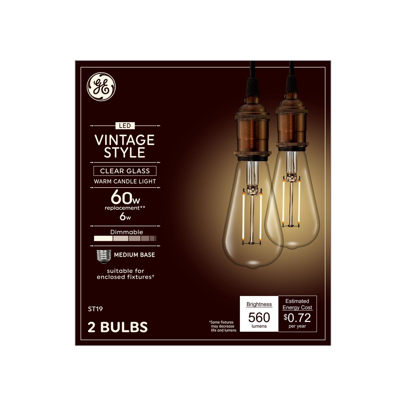 GE Vintage LED 60 Watt Replacement, Candlelight, ST19 Edison Bulbs (2 Pack)