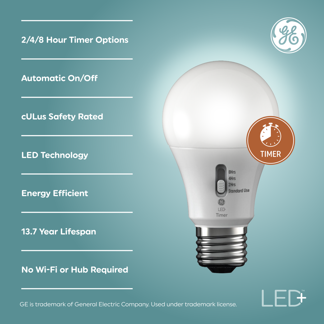 GE LED+ A19 Timer LED Light Bulb, Automatic Timer Light, 60 Watt ...