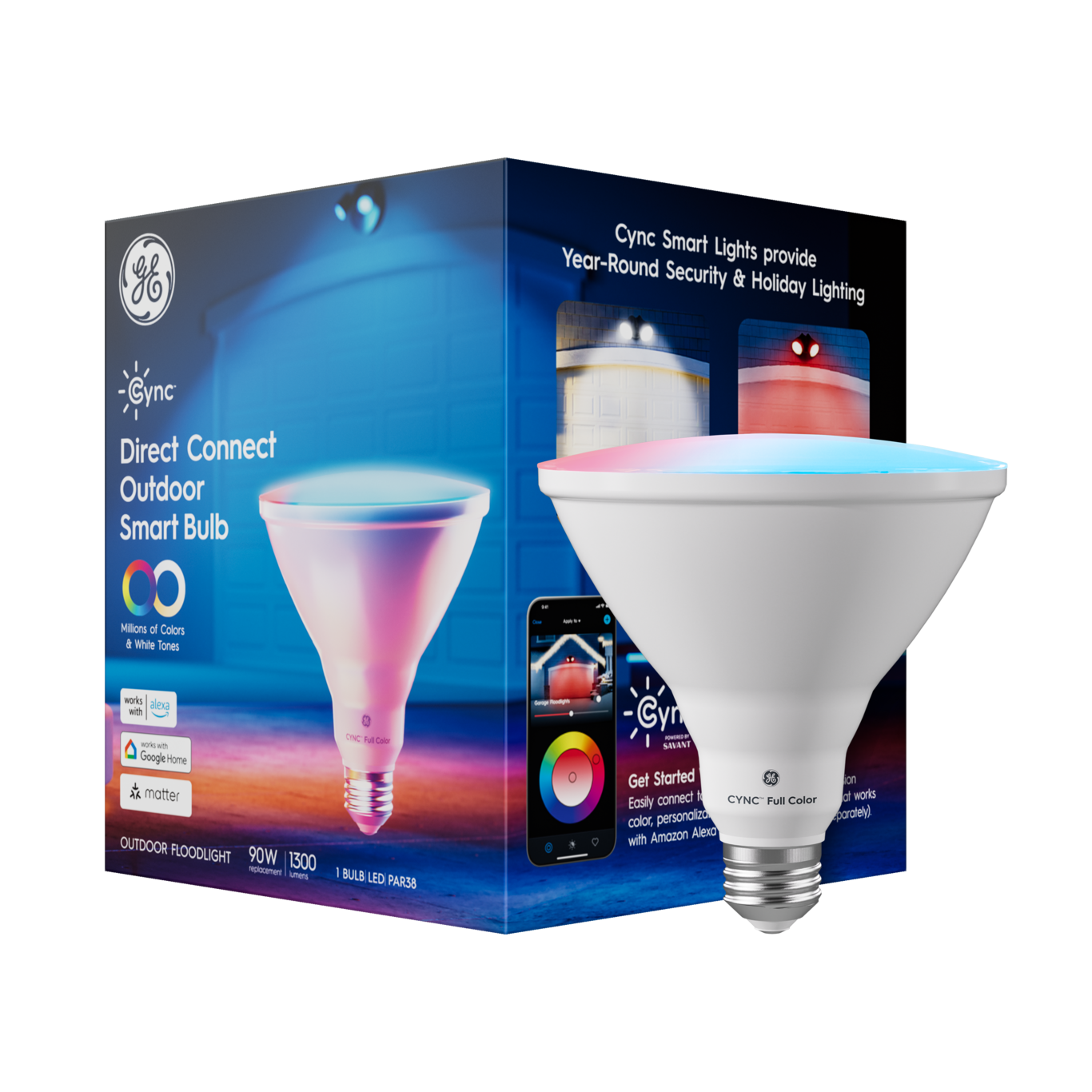 GE Cync PAR38 Smart LED Light Bulb, Color Changing Outdoor Floodlight ...