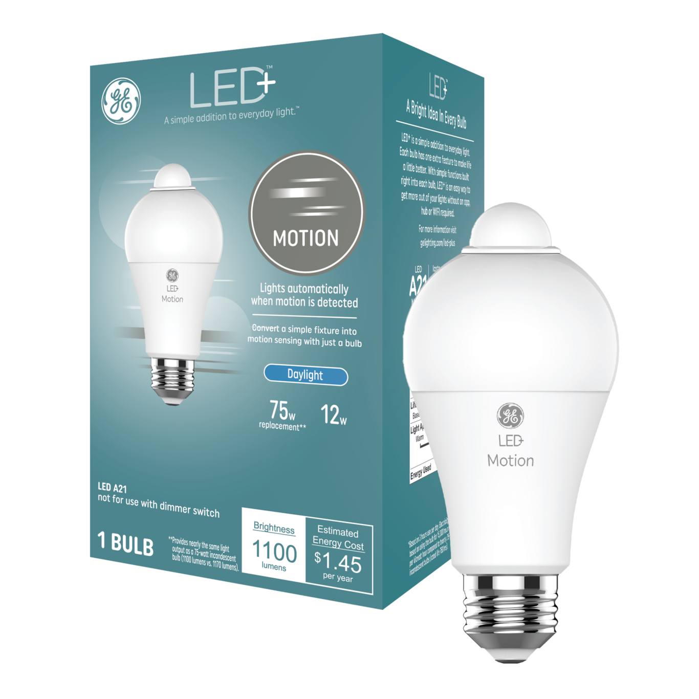 GE LED+ Motion Sensor LED Light Bulb, A21 Security Light Bulb, Daylight