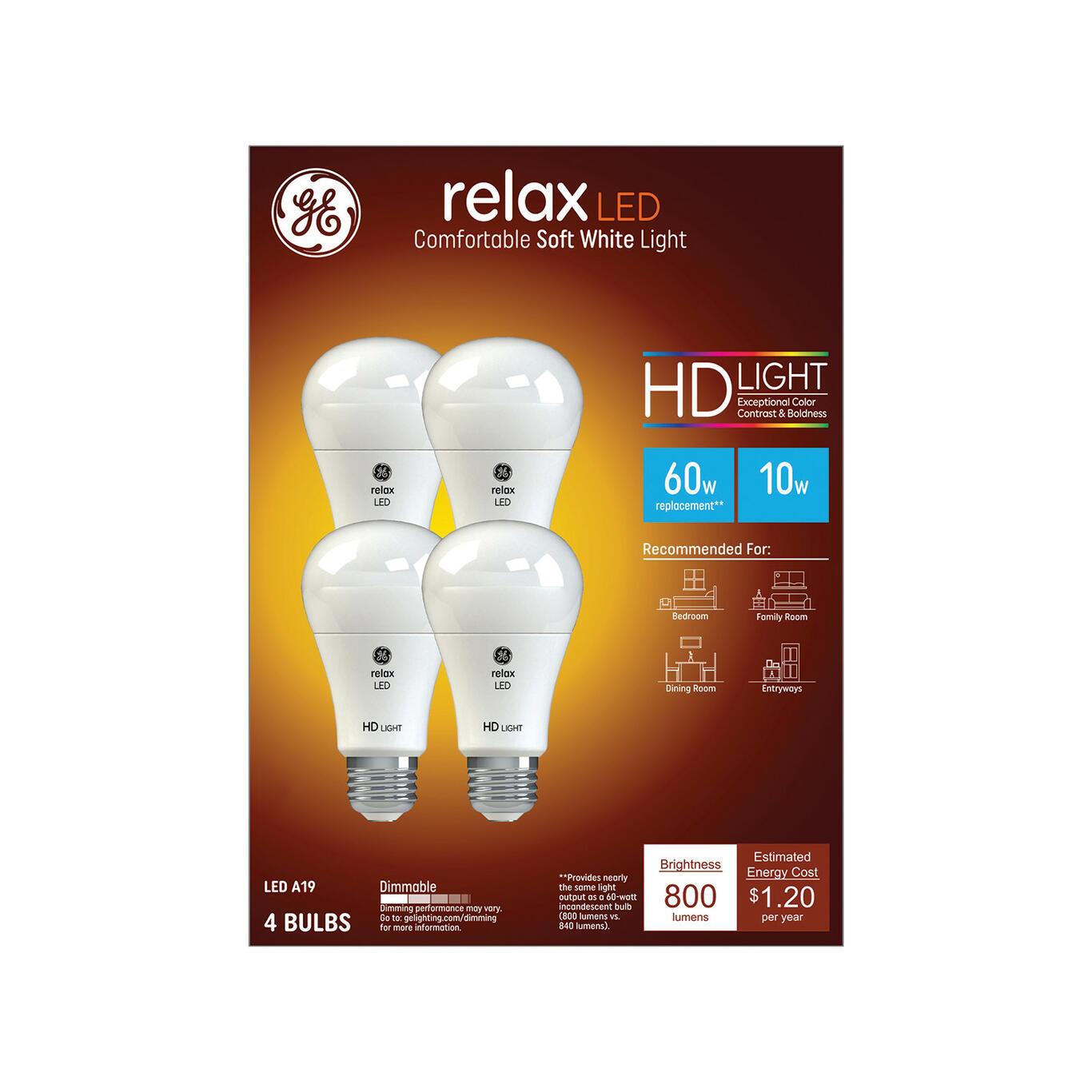 GE Relax HD A19 LED Light Bulbs, General Purpose Bulbs, 60 Watt ...