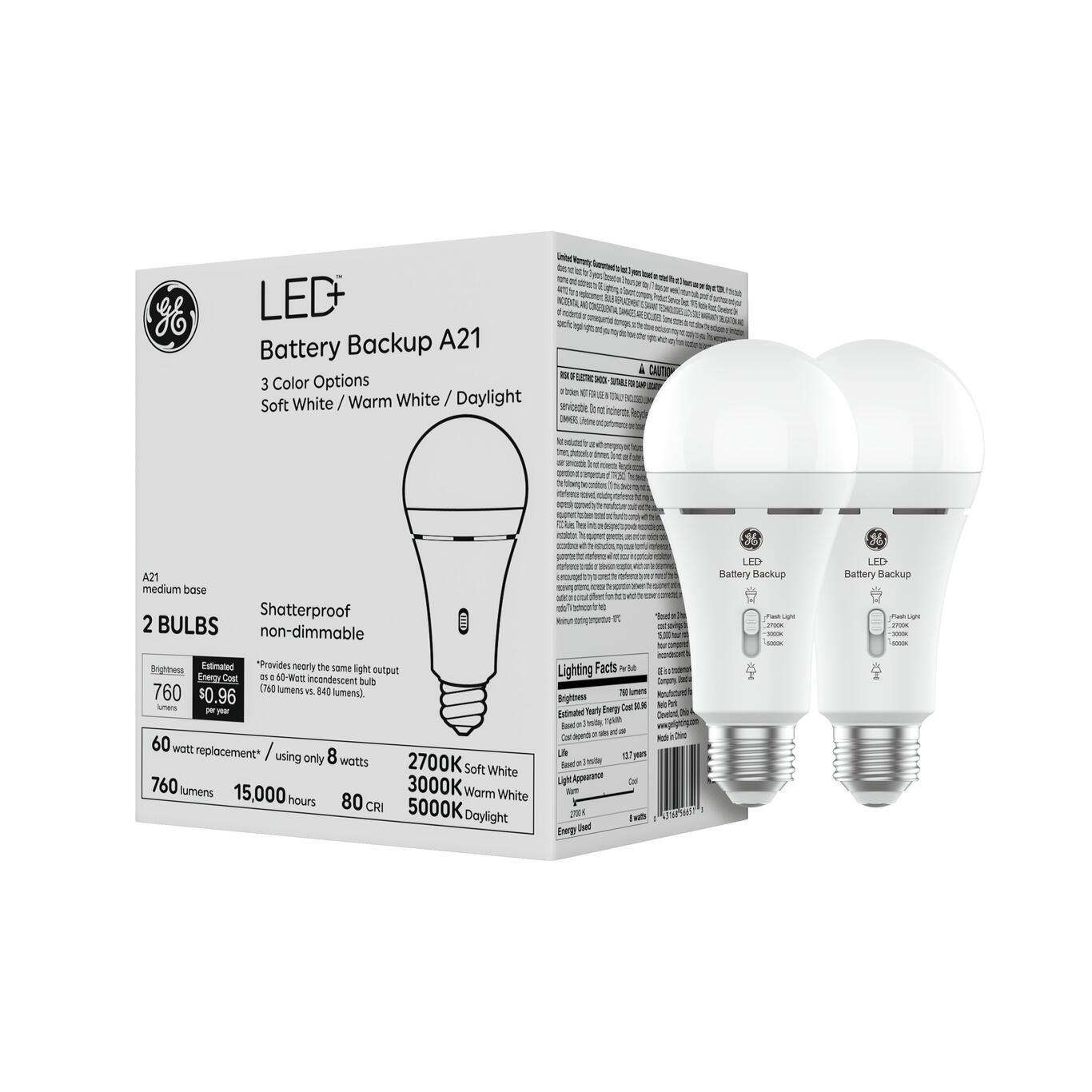 GE LED+ Battery Backup LED Light Bulbs,General Purpose, A21 Bulbs, 8 ...