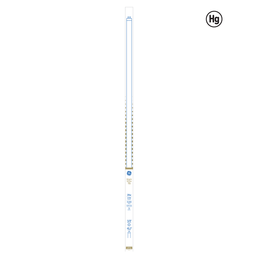GE Bright White 28 Watt 48 Inch T5 G5 Base Fluorescent Tube 1 Pack