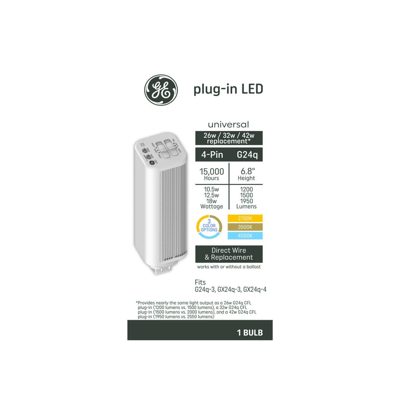GE Plug-In LED T13 Light Bulb, 26W/32W/42W Replacement, 4-Pin G24q Base ...