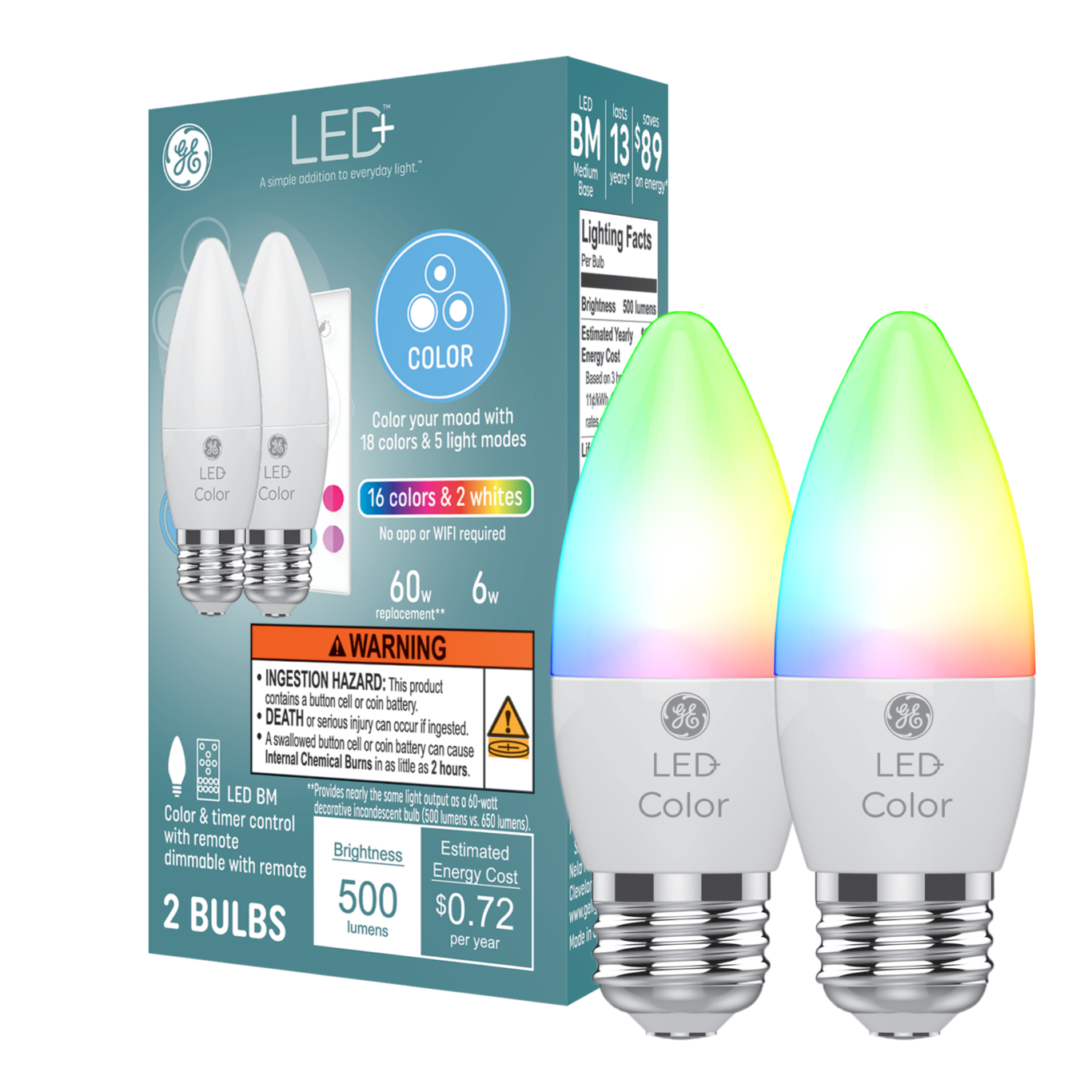 GE LED+ Color Lamp LED Light Bulbs,Deco - Candle, B12 Bulbs, 6 Watts (2 ...
