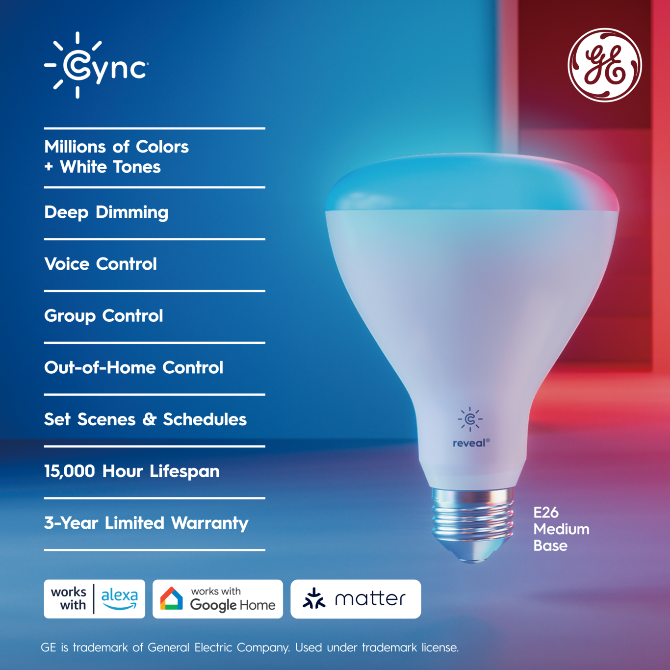 GE Cync Reveal BR30 Smart LED Light Bulb, Color Changing Smart Light ...