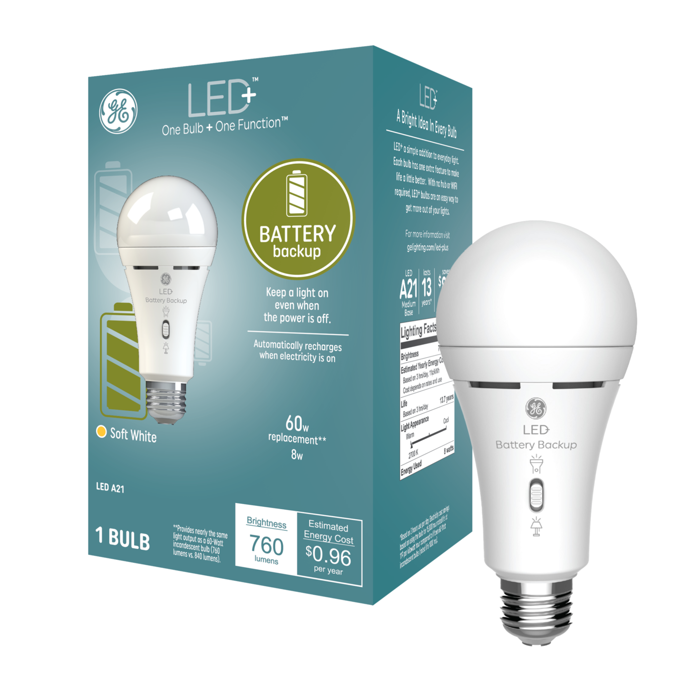 GE LED+ Battery Backup A21 LED Light Bulbs with Built-in Flashlight