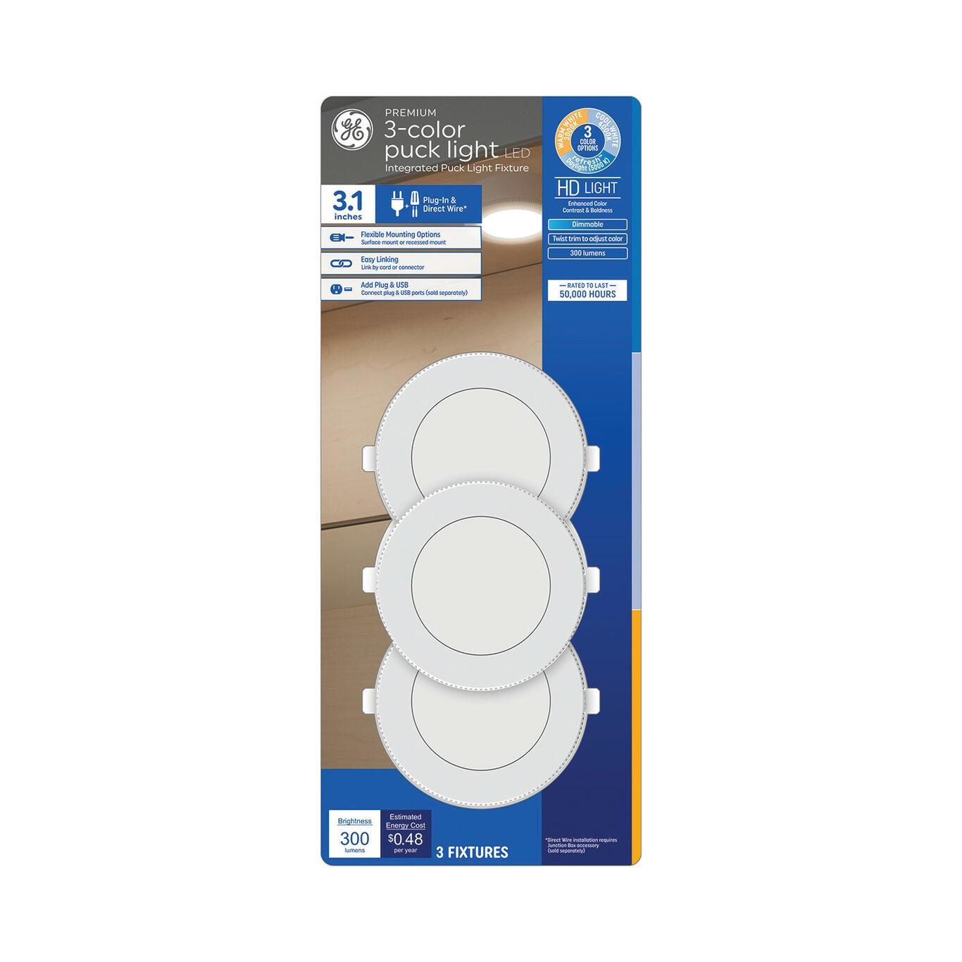 GE Puck Light, 3-Color White, Direct Wire & Plug-In, 3.1in Linkable ...