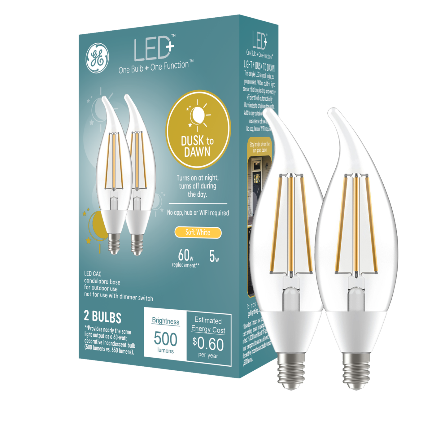 GE LED+ Dusk to Dawn Light Bulbs | LED Candelabra Bulbs (2-Pack)