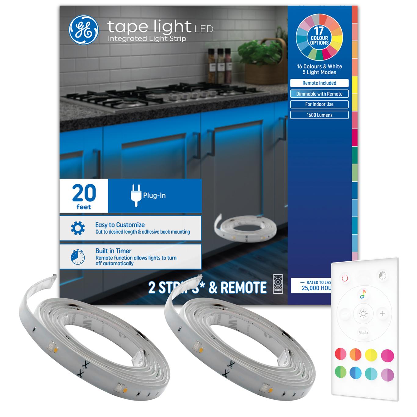 GE Color-Changing RGBW 18W LED 20ft Plug-In Tape Light Kit