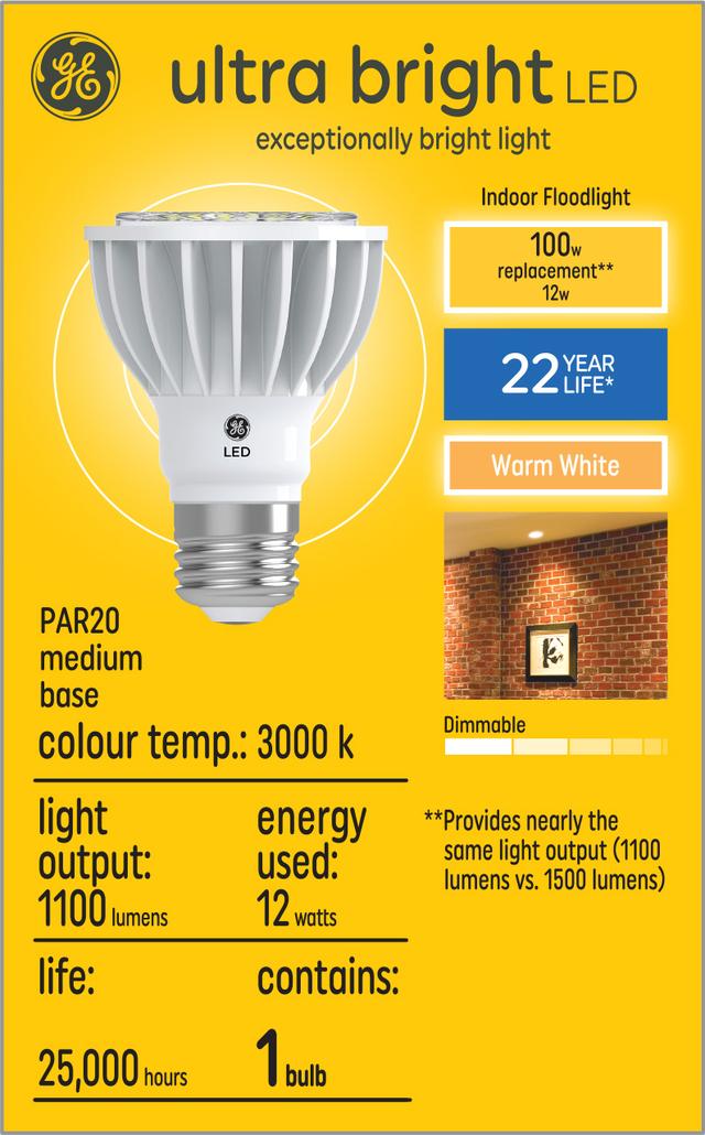 GE Ultra Bright LED 100 Watt Replacement, Warm White, PAR20 Indoor ...