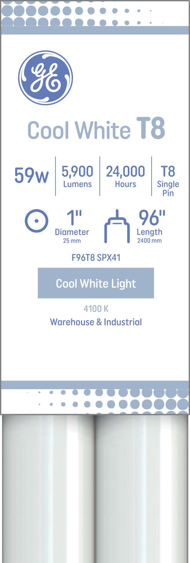 GE Cool White 59 Watt, T8 Fa8 Base Fluorescent Tube 2 Pack