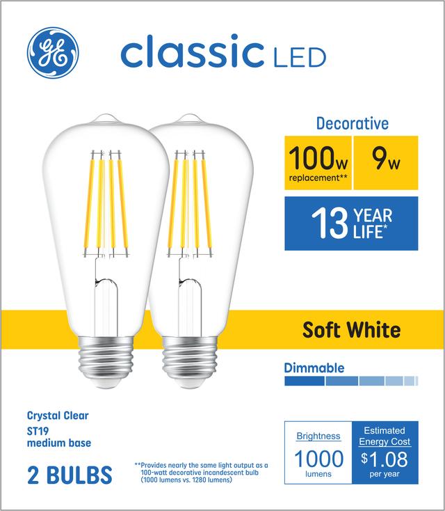 GE Classic LED 100 Watt Replacement, Soft White, ST19 Edison Bulbs (2 Pack)