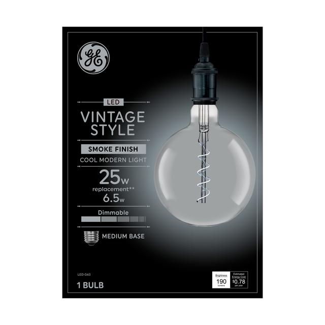 GE Vintage G63 LED Light Bulb, Large Globe Light Bulb, Smoke Glasss, 25 ...