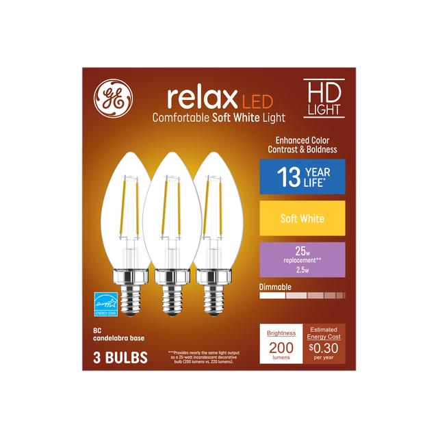 GE Relax HD B11 LED Light Bulbs, Decorative Candle Bulbs, 25 Watt ...