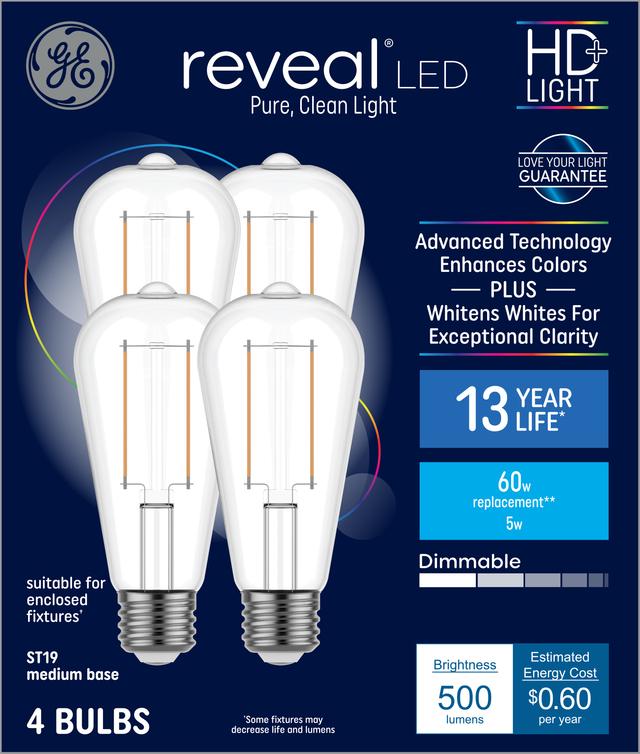 GE Reveal HD+ LED 60 Watt Replacement, Reveal, ST19 Edison Bulbs (4 Pack)