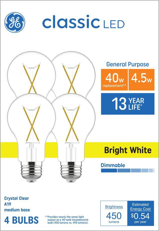 GE Classic LED 40 Watt Replacement, Bright White, A19 General Purpose ...