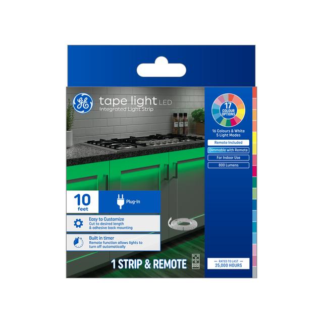 GE LED Tape Light, Undercabinet Plug-In Light Strip, Color Changing, 10ft