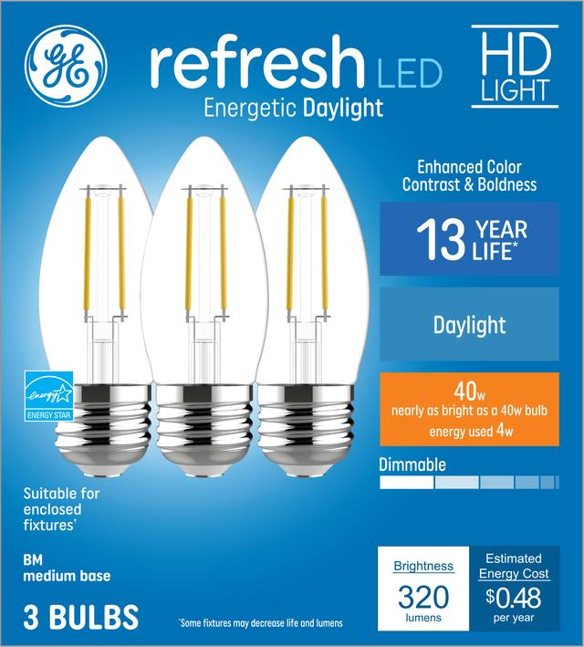 GE Refresh HD LED 40 Watt Replacement, Daylight, B11 Deco - Candle Bulbs (3 Pack)