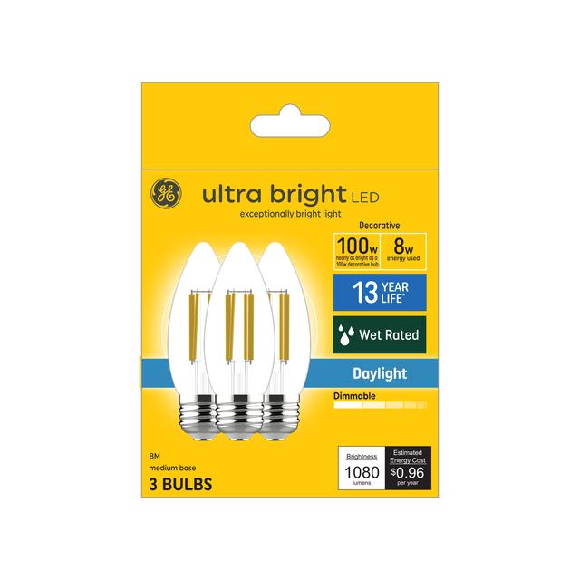 GE Ultra Bright LED 100 Watt Replacement, Daylight, B12 Deco - Candle Bulbs (3 Pack)