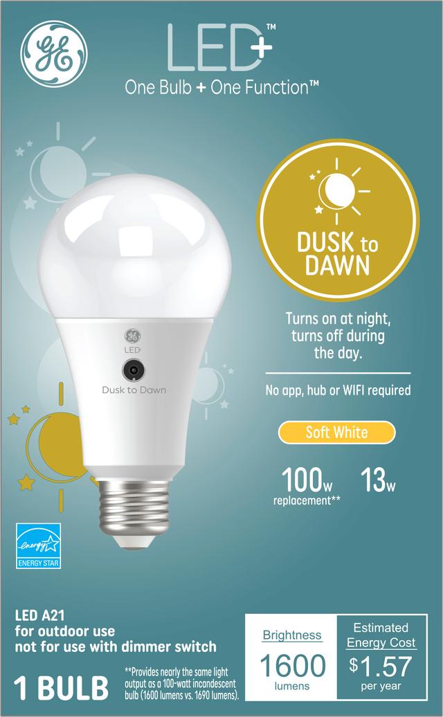 GE LED+ Dusk to Dawn Light Bulb, Sunlight Sensing Outdoor Security LED ...