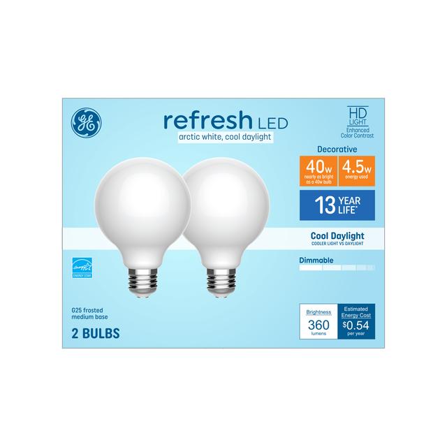 GE Refresh HD G25 LED Light Bulbs, Vanity Globe Lights, 40 Watt ...