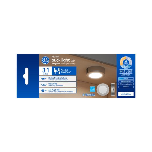 GE Puck Light, 3-Color White, Direct Wire & Plug-In, 3.1in Linkable ...