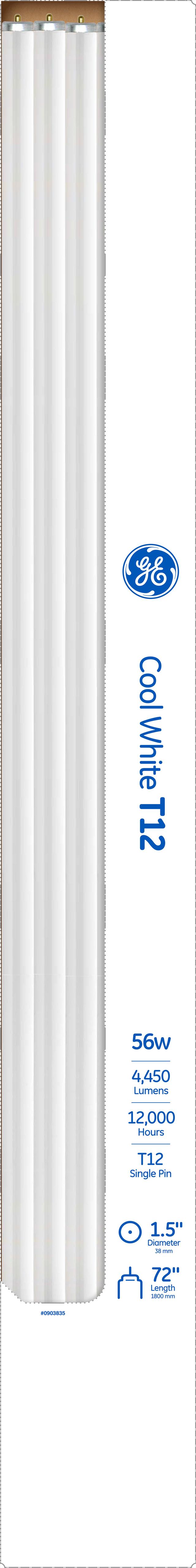 GE Cool White 56 Watt 72 Inch T12 Fa8 Base Fluorescent Tube 1 Pack