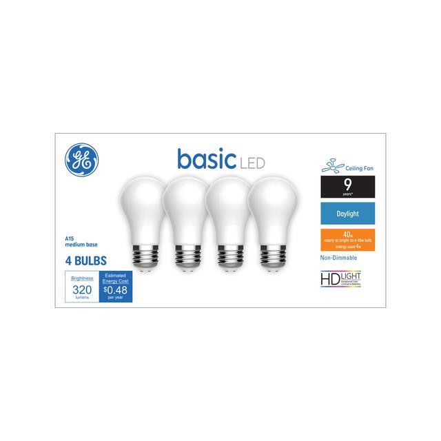 GE Basic LED 40 Watt Replacement, Daylight, A15 Ceiling Fan Bulbs (4 Pack)