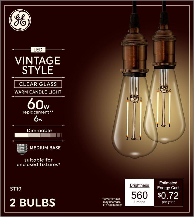 GE Vintage LED 60 Watt Replacement, Candlelight, ST19 Edison Bulbs (2 Pack)