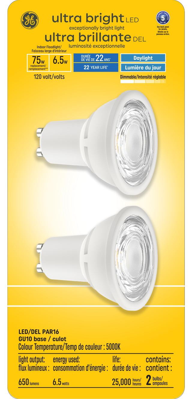 GE Ultra Bright LED 75 Watt Replacement, Daylight, PAR16 Indoor Floodlight Bulbs (2 Pack)